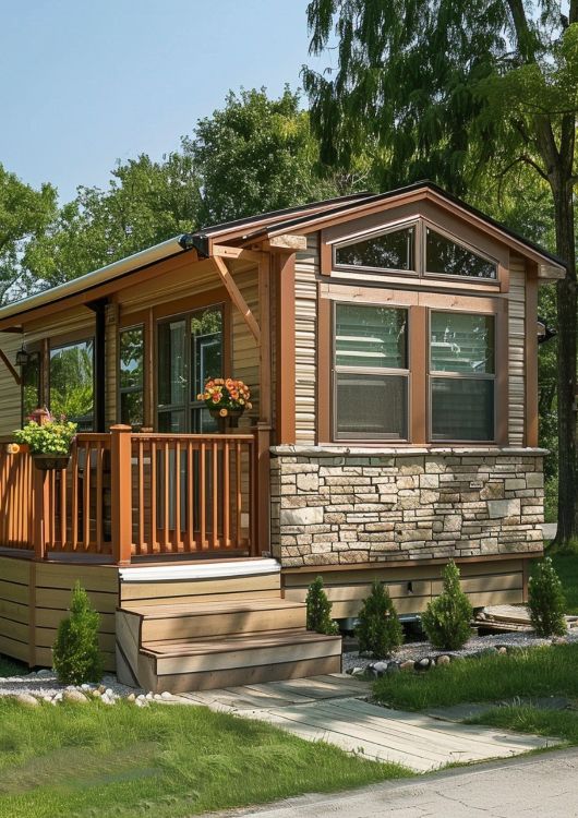 Tour this park model RV with stone accents. The interior is a cozy dream
