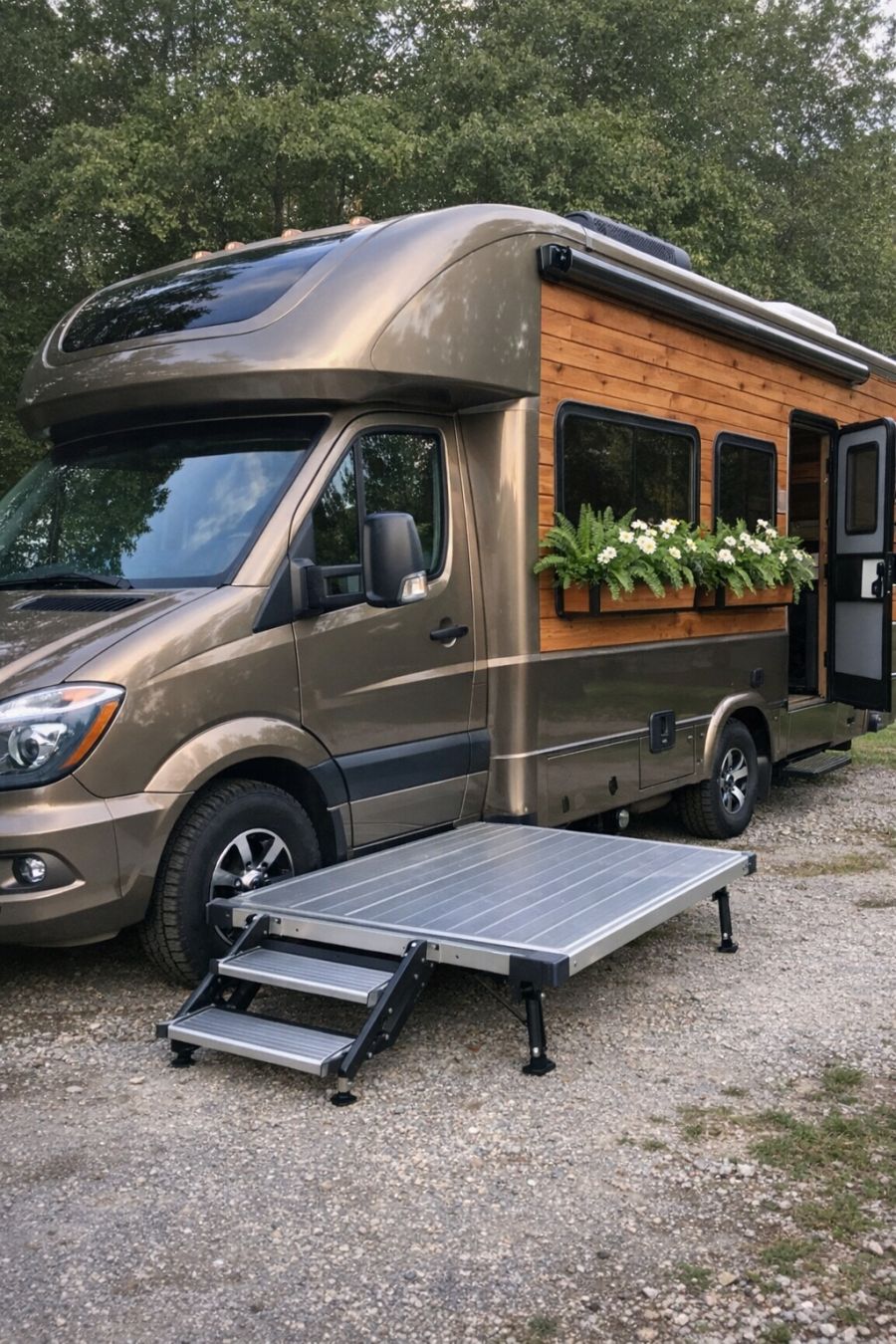 Enter this metallic bronze accessible RV camper with an automated ...