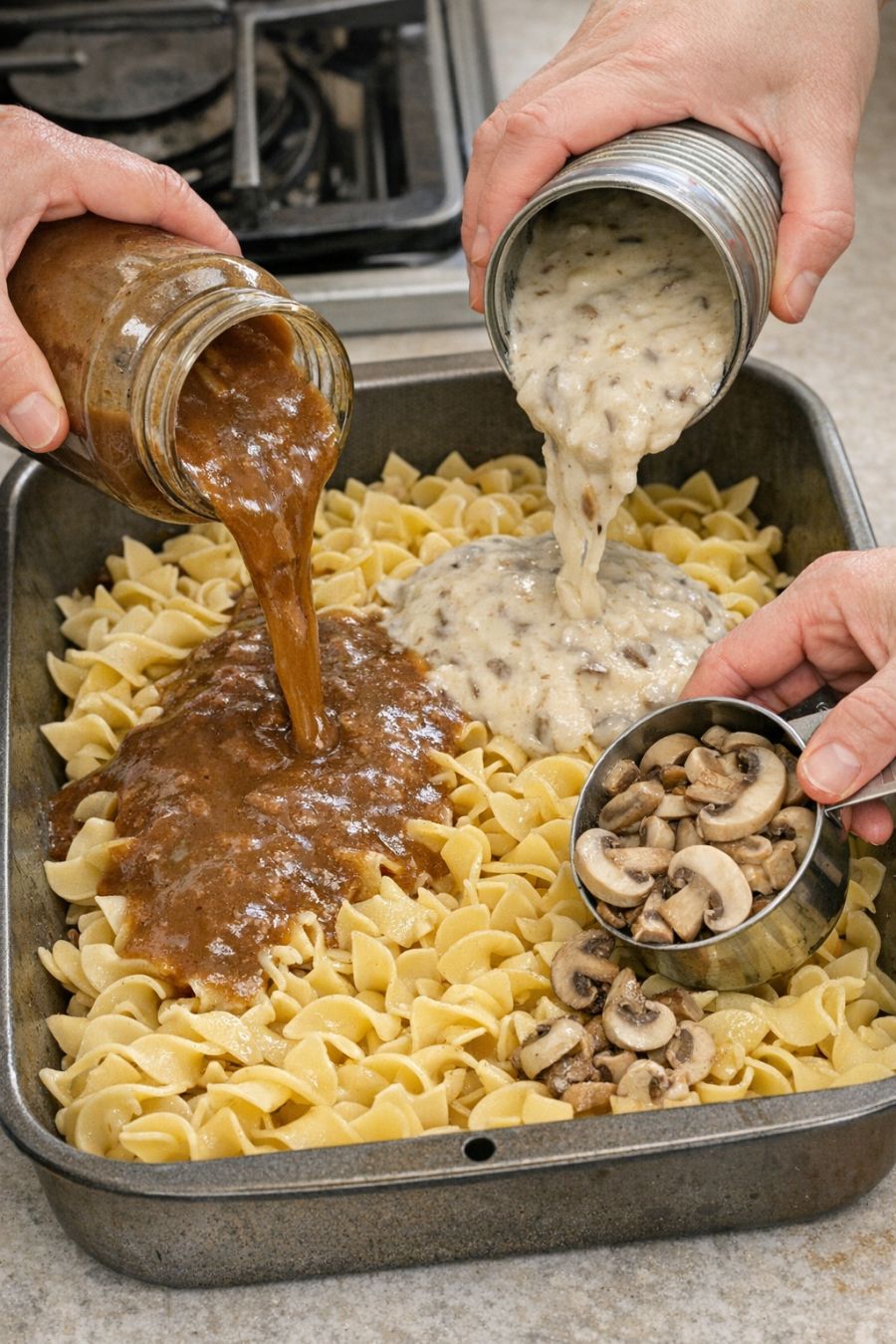 Pour jarred beef gravy and these 2 ingredients over uncooked egg ...