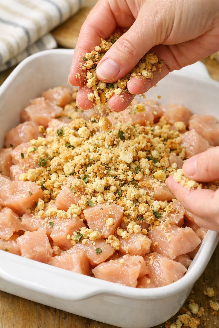 Sprinkle dry stuffing mix over raw cubed chicken breast, combined with ...