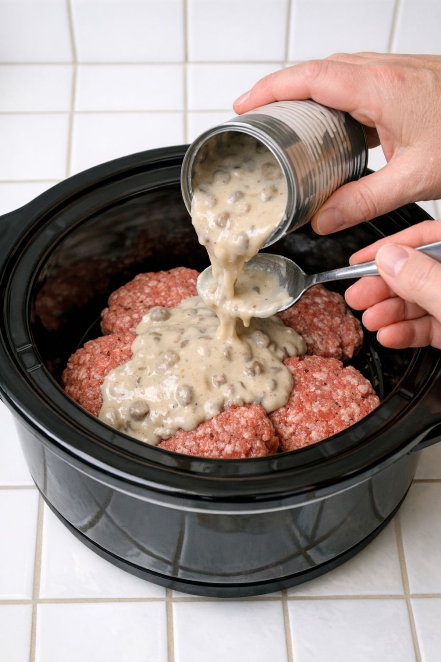 Pour cream of mushroom soup over raw hamburger patties, alongside 3 ...