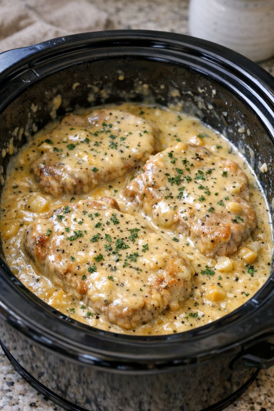 Ladle this 1 mixture over raw pork chops into a slow cooker for a ...