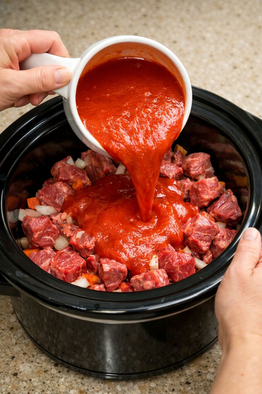 Pour tomato soup over raw stew meat, paired with these 2 ingredients ...