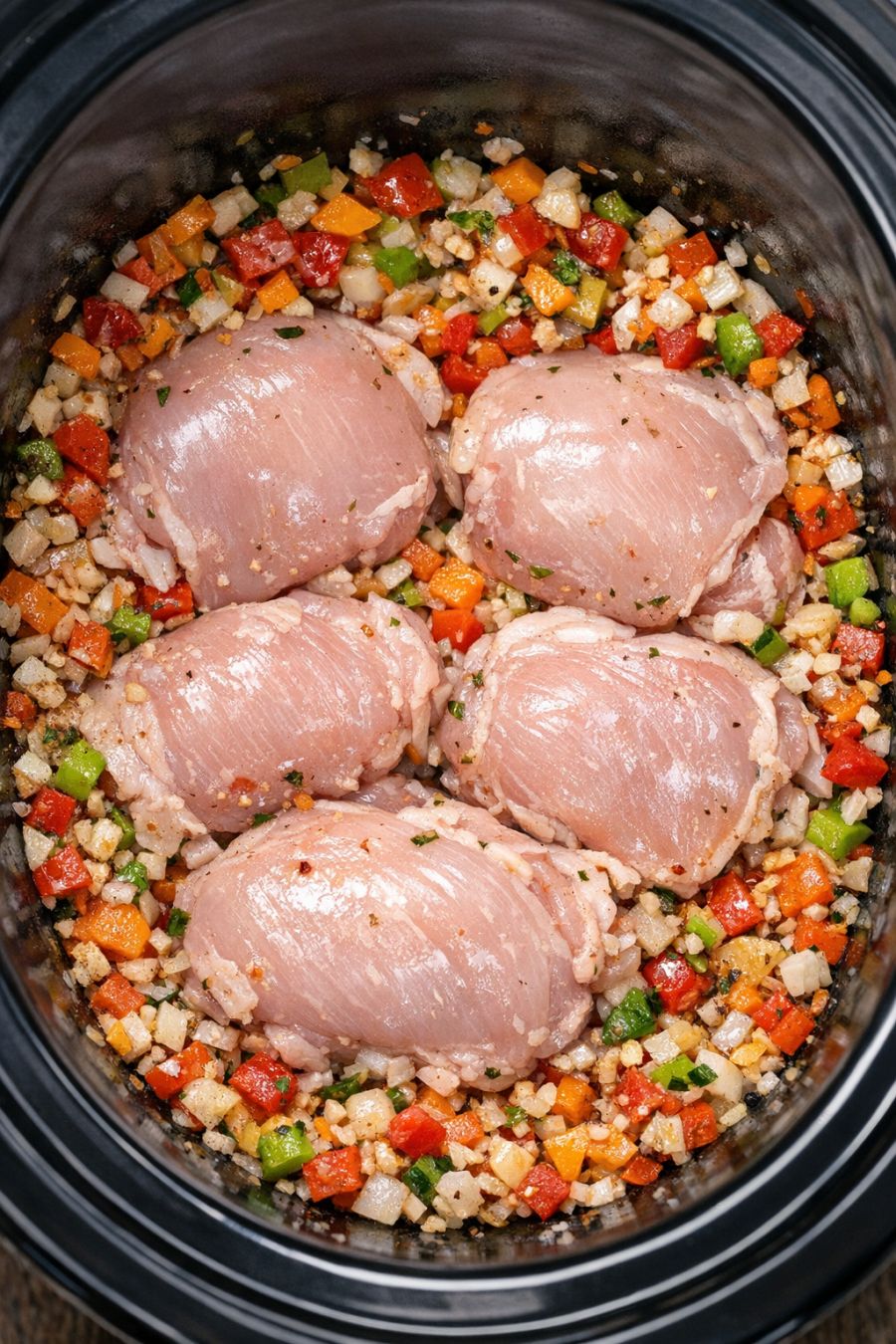 Toss fresh boneless skinless chicken thighs in the crock pot with 4 ...