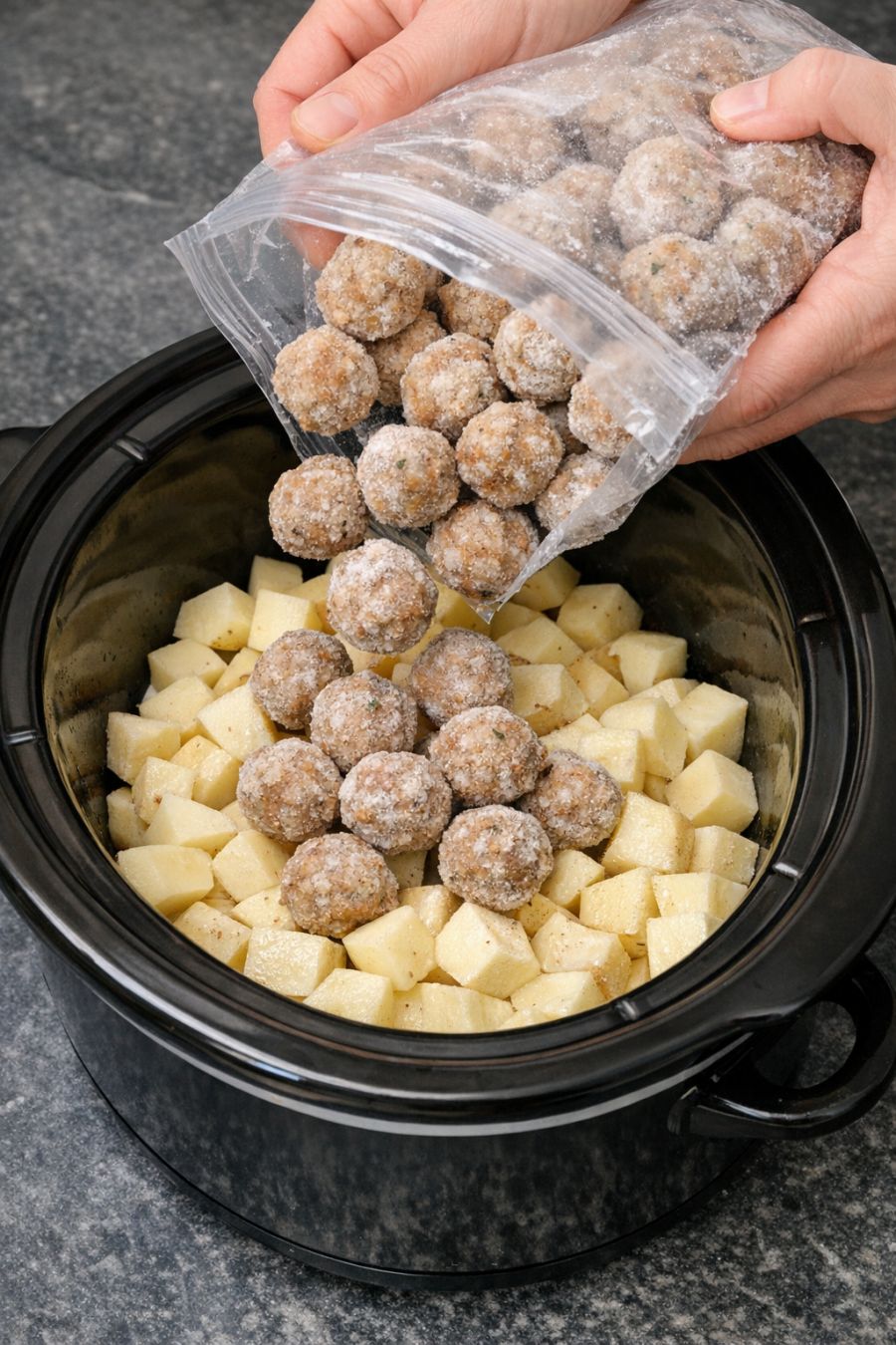 Dump frozen meatballs over raw cubed potatoes, together with 3 ...