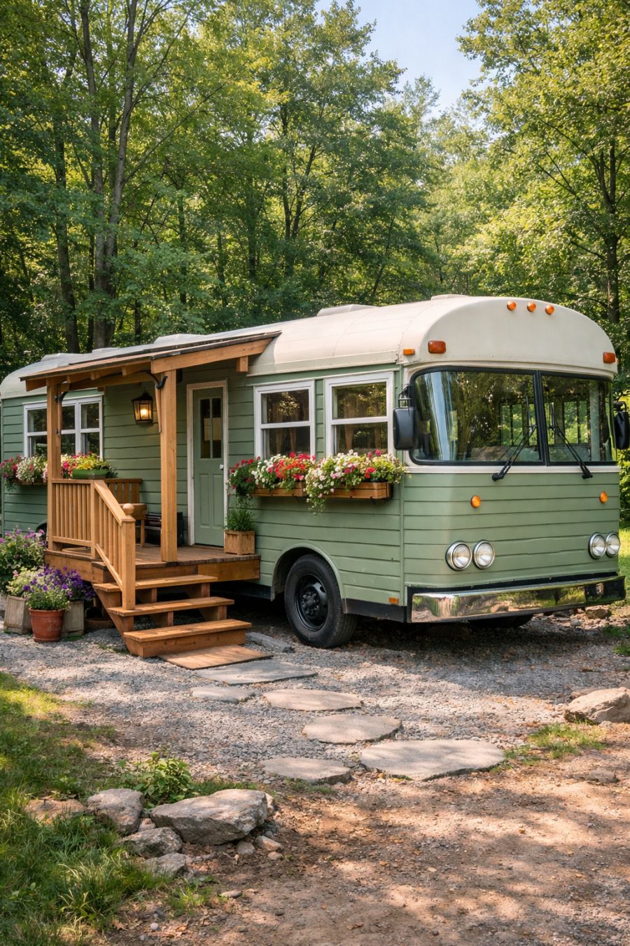 Step inside this early-spring cottage converted bus with soft sage ...