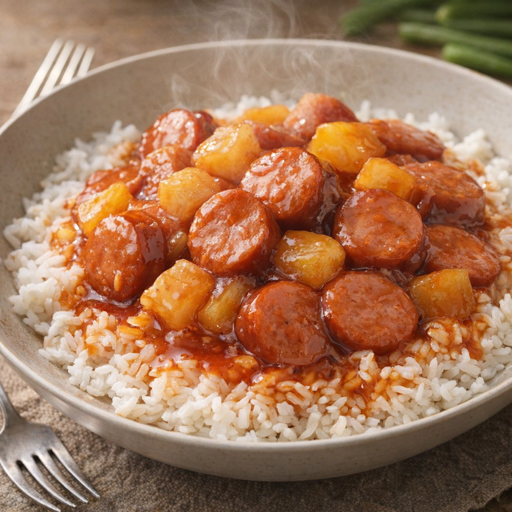 Pour pineapple chunks over sliced kielbasa, paired with 2 additional ...
