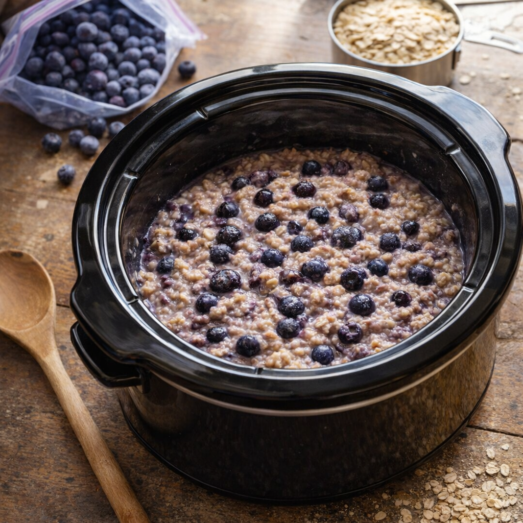 Dump frozen blueberries over dry rolled oats, combined with 3 more ...