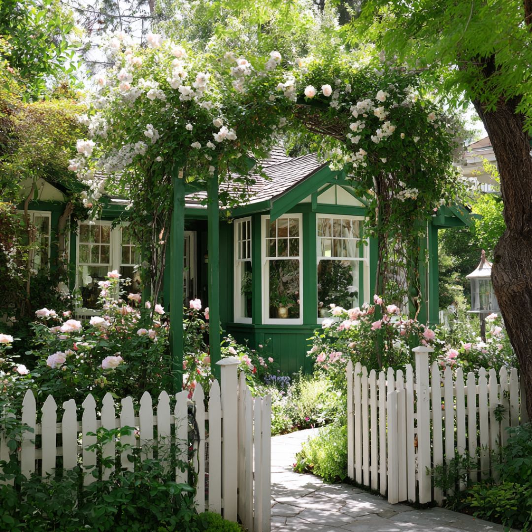 Come see this green-trimmed cottage with white picket gate. The ...