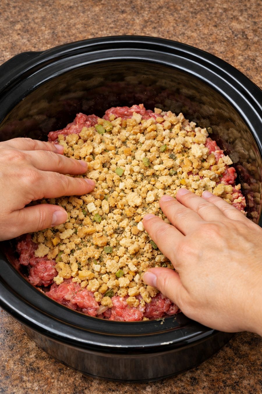 Spread dry stuffing mix over raw ground beef, alongside 3 more ...