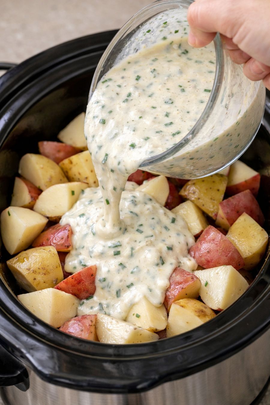 Pour this 1 mixture over raw quartered potatoes into a slow cooker for ...