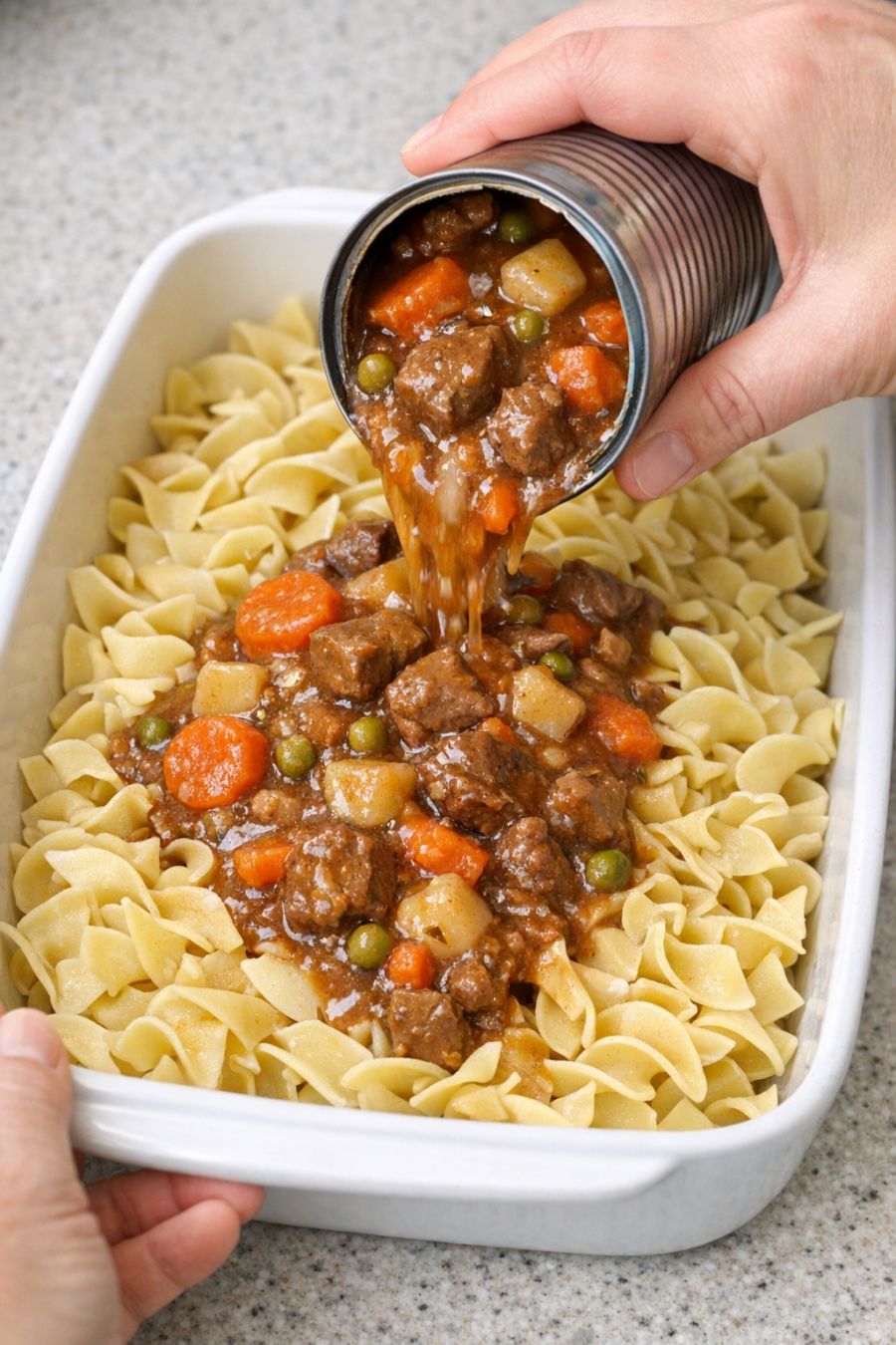 Pour canned beef stew and these 2 ingredients over uncooked egg noodles ...