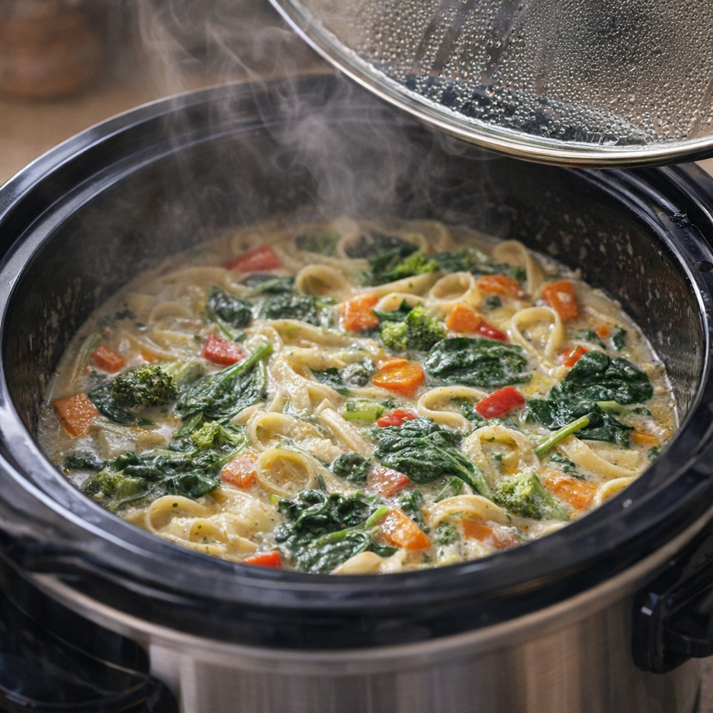Put fresh spinach and pasta in the slow cooker with 4 other ingredients ...