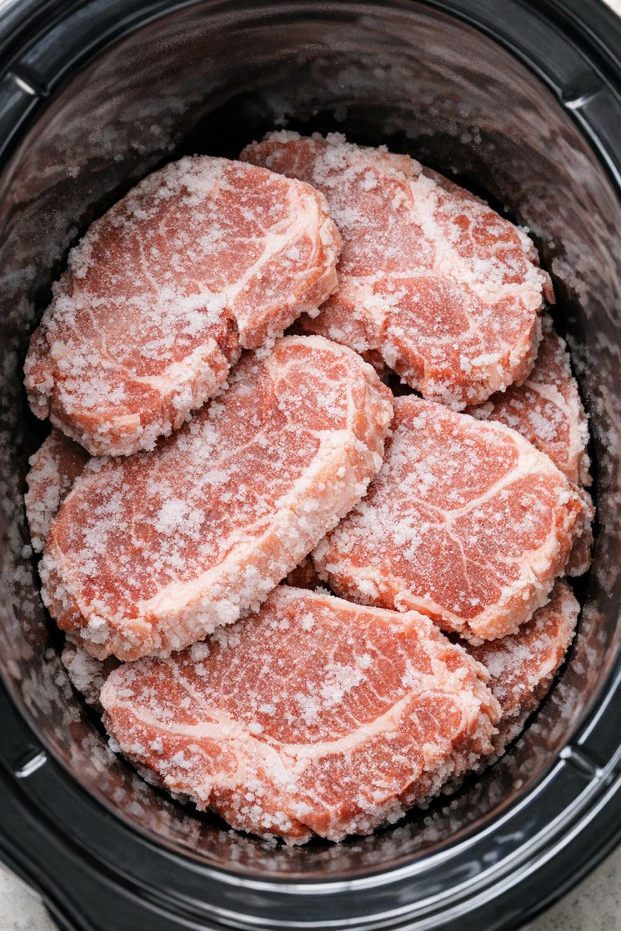 Dump frozen pork steaks in the slow cooker and 3 handfuls of other ...