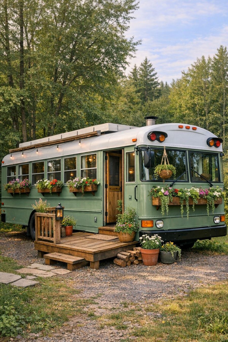Step on into this rustic-meets-cottage converted bus made from a school ...