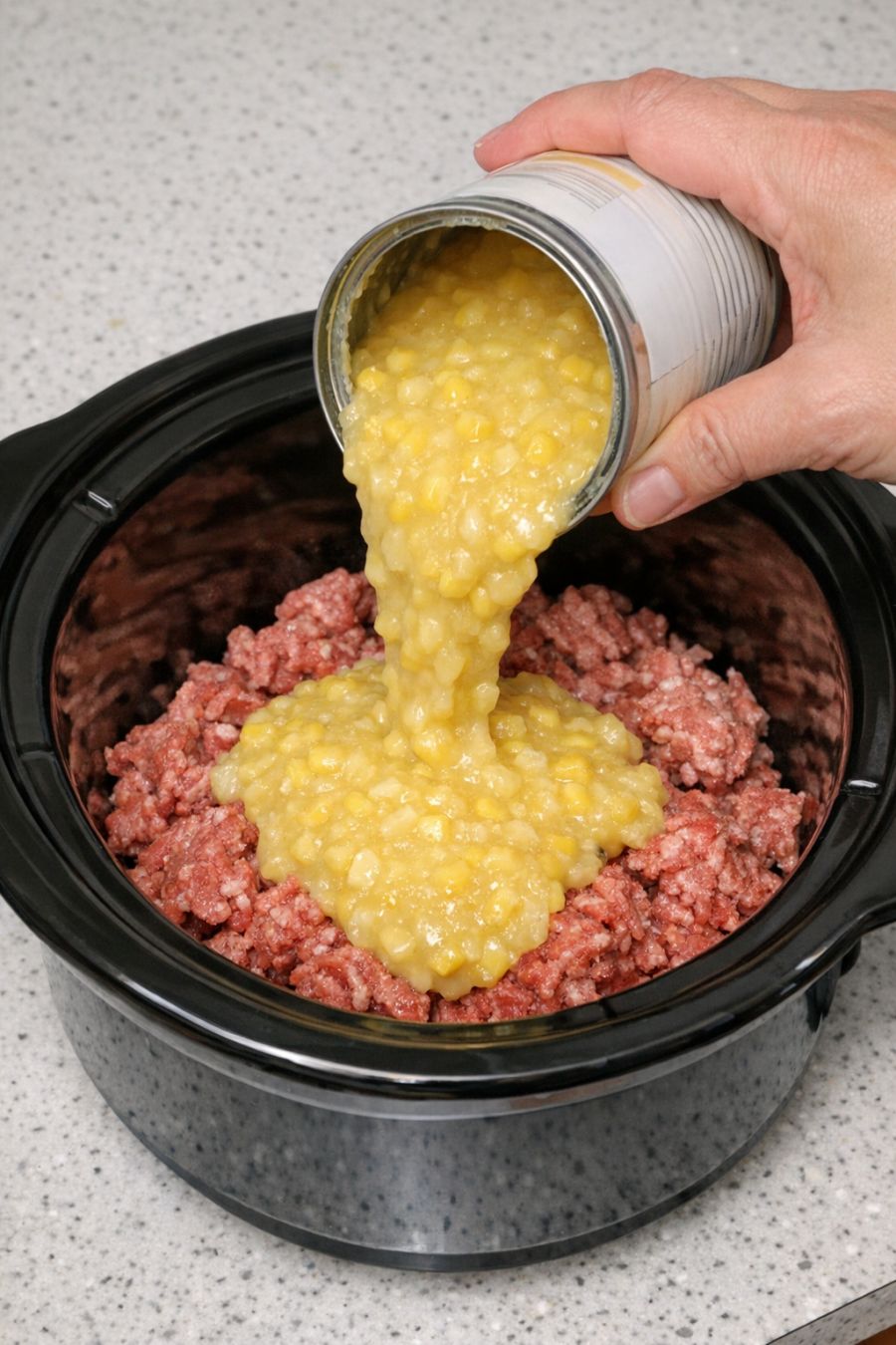 Pour cream style corn over ground beef, paired with 2 ingredients, into ...