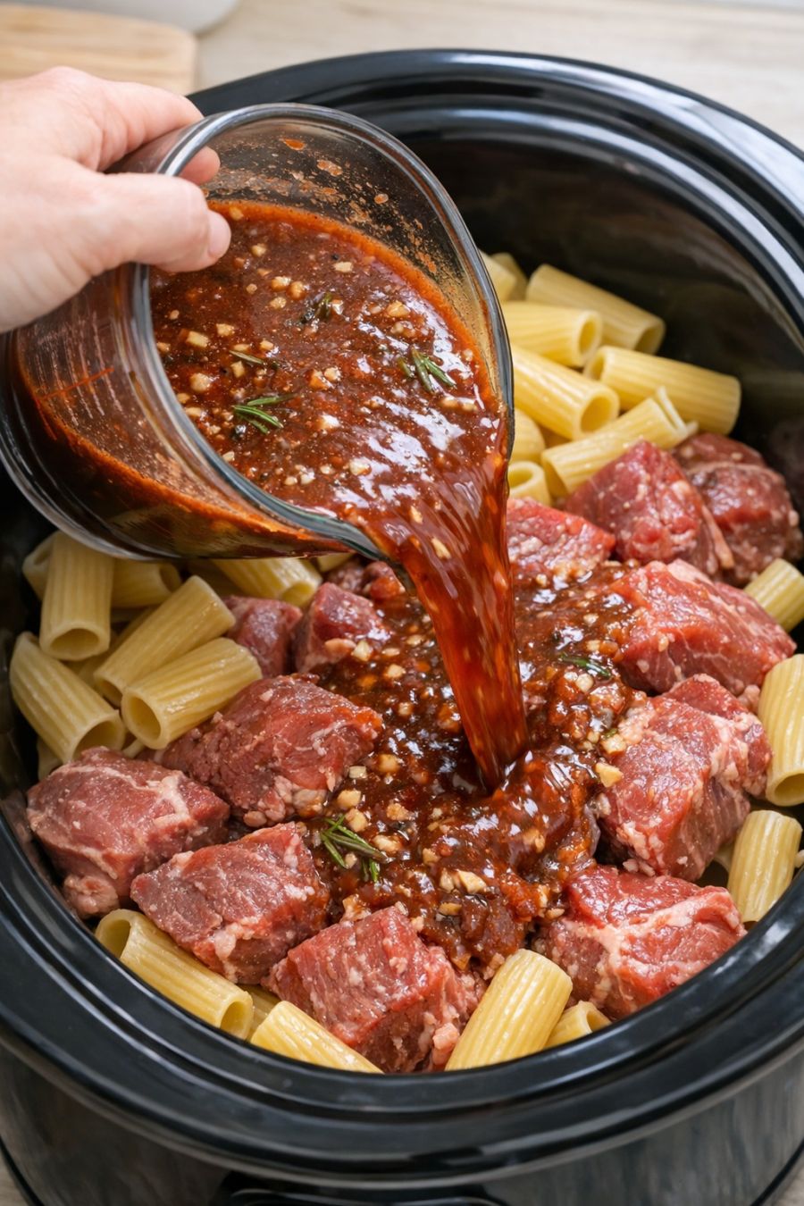 Ladle this 1 mixture over raw beef chuck into a slow cooker for a ...