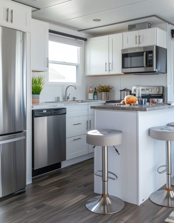 Tour this cozy white park model. You have to admire the space-saving ...