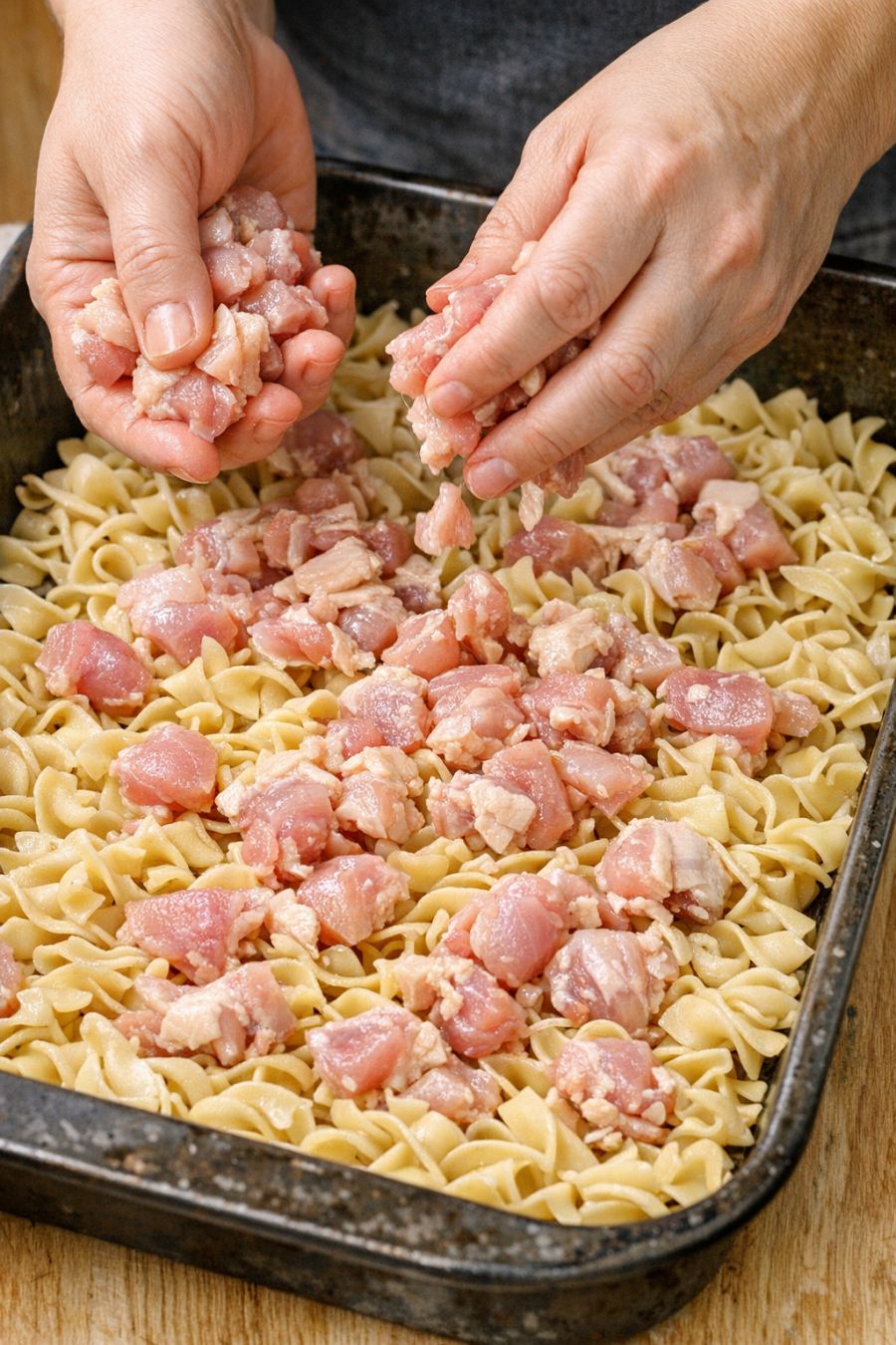 Scatter raw diced chicken thighs over dry egg noodles, together with 3 ...