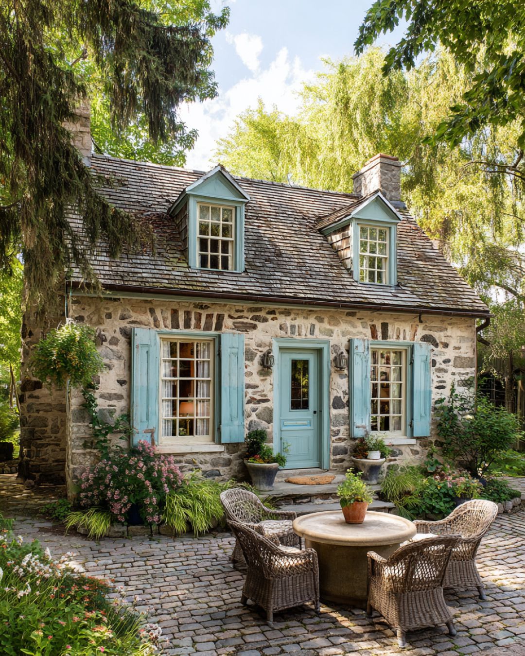 Step into this enchanting storybook cottage with pastel blue shutters ...