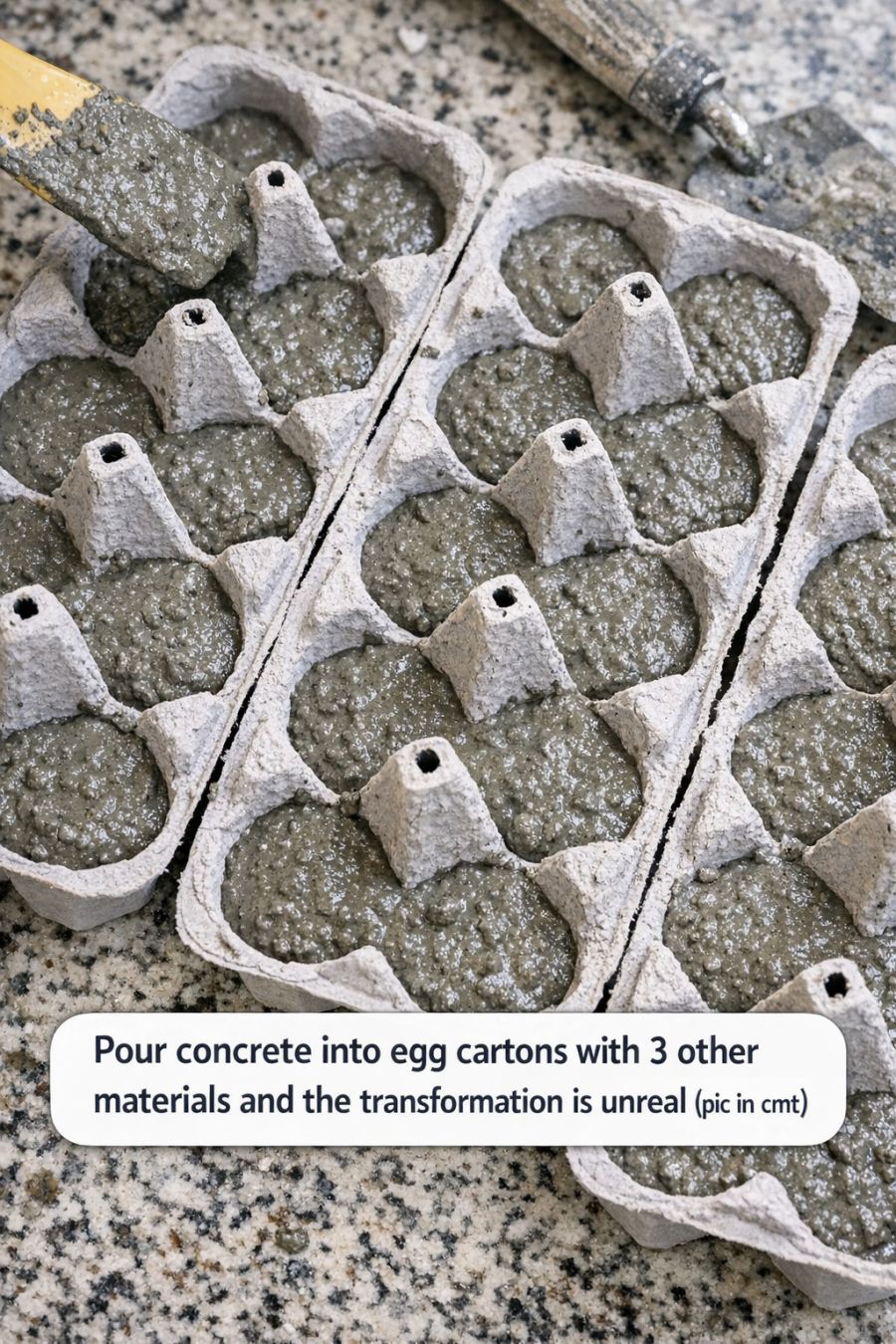 Pour concrete into egg cartons with 3 other materials and the ...