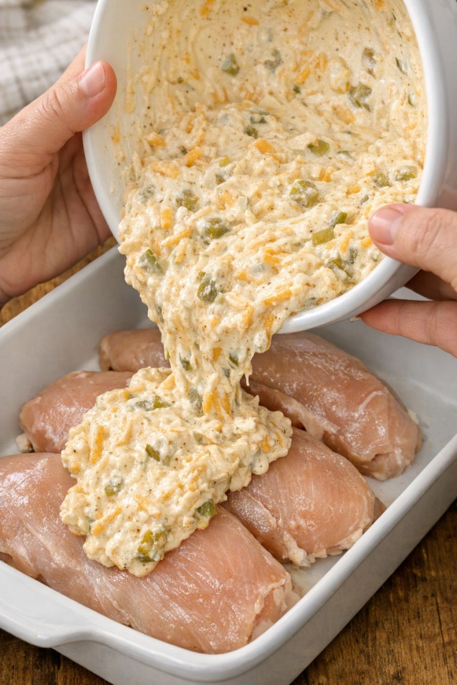 Pour this 1 creamy mixture over chicken breasts into a baking dish for ...