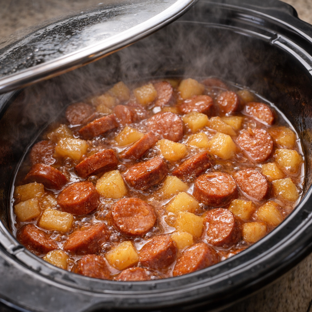 Pour pineapple chunks over sliced kielbasa, paired with 2 additional ...